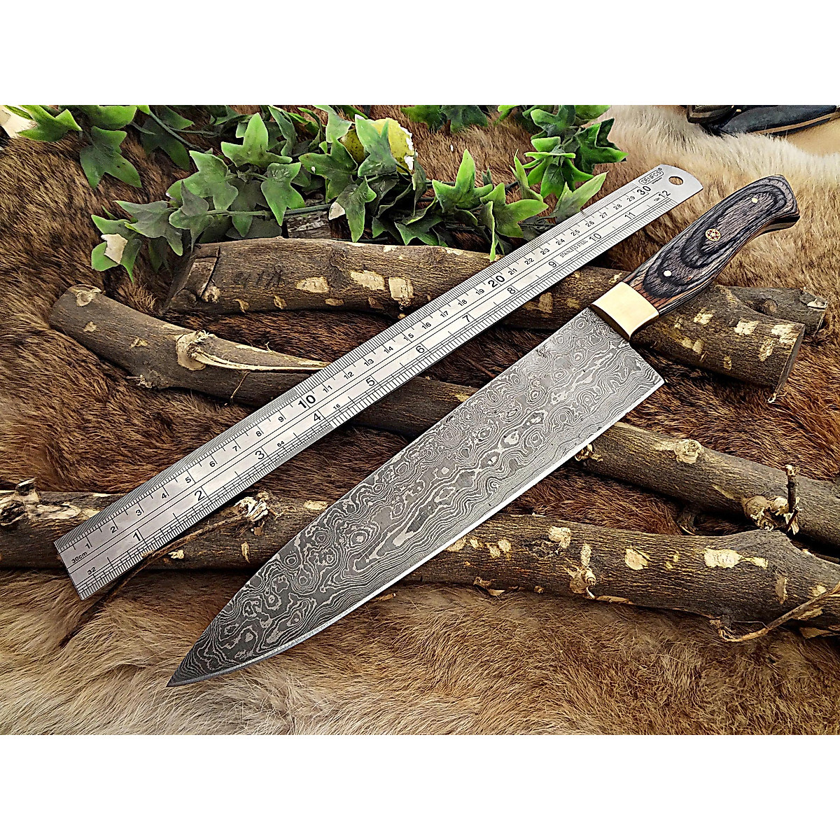 Damascus Steel Kitchen Knife, 14 Inches Long with 9" Long Hand Forged Blade, 2 Tone Dollar Wood Scale with Brass Bolster