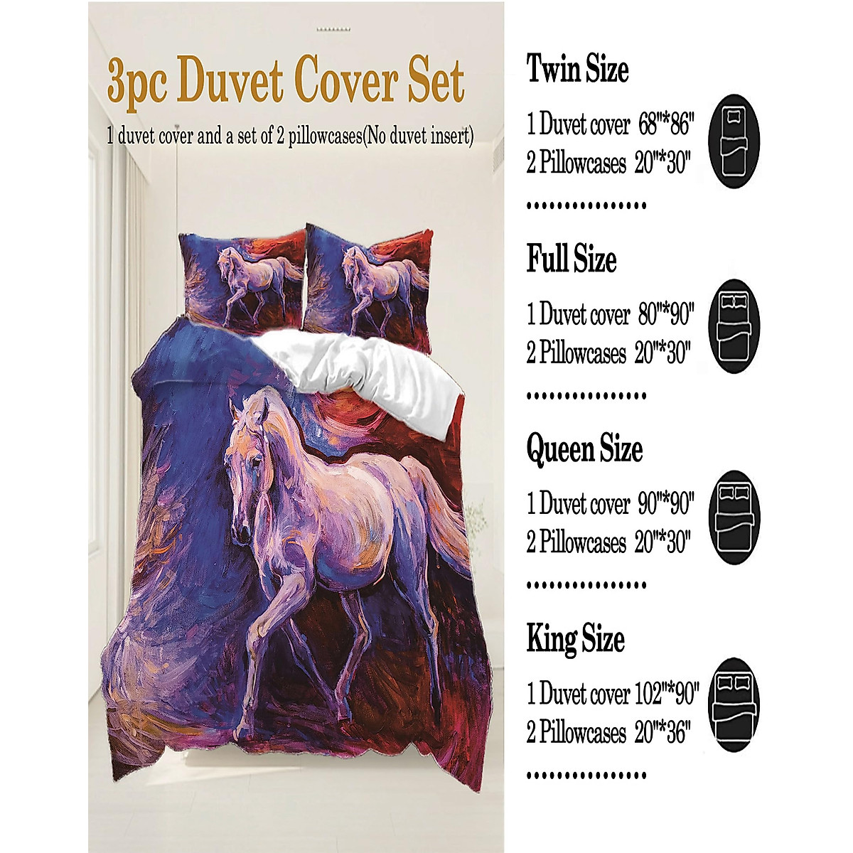 EIANLAI Horse Bed Duvet Cover Set, Wild Animal Themed Bed 3 Piece Duvet Cover Set for Kids, Teens, Boys, Girls Room Decor, includes 1 Duvet Cover and 2 Pillow Cases - Queen