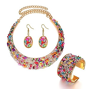 K-toobeely 3pcs Colorful Stone Rhinestone Collar Gold Metal Necklace Sets For Women Bib Choker Collars Necklaces Jewelry Accessories