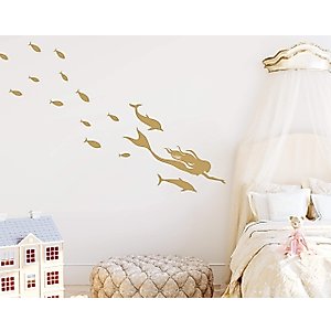 Yyart Mermaid Wall Decals, Fish Wall Stickers, Nautical Sea Ocean Dolphin Decal, Vinyl Sticker for Bathroom, Nursery Decor, Home Decor Art Mural A56 (Gold)