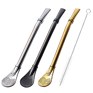 Bombilla Yerba Mate Straws, 3 Pack Reusable Colorful Tea Coffee Cocktail Stainless Steel Bent Smooth Flow Drinking Stir Filter Spoon Straws with Cleaning Brush by Beruth