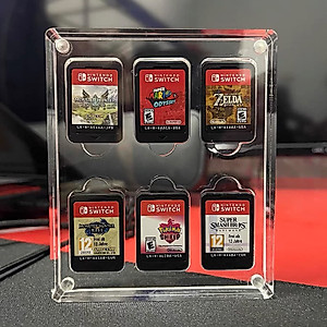 X-Richmen Game Card Case for Nintendo Switch Transparent Acrylic Game Storage Box Protective Shockproof Display Cabinet with 6 Slots Game Storage Box, Gift Mario Mushroom Red and Blue Thumb Grip 2PCS