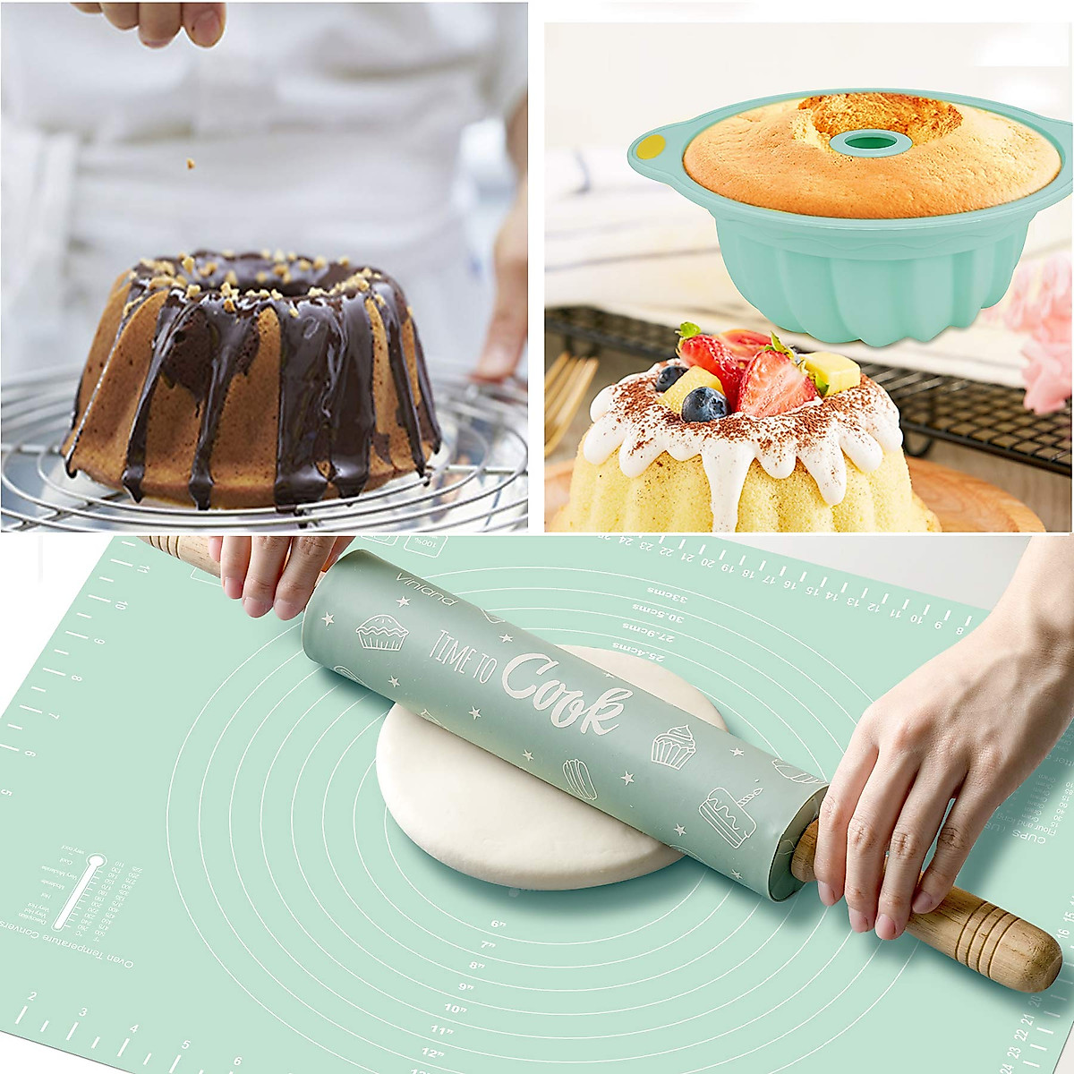 Aschef Steel Reinforced Frame Nonstick Silicone Bundt Cake Pan Baking Mold w/Baking Mat Set-BPA Free, Dishwasher & Microwave Safe