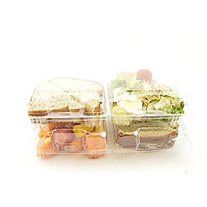 GJTr clear plastic square hinged food container bakery take-out to go boxes take out sandwich, salad, small deli and cake containers with lids for favors 6.09 in x 5.9 in x 2.49 in (25)