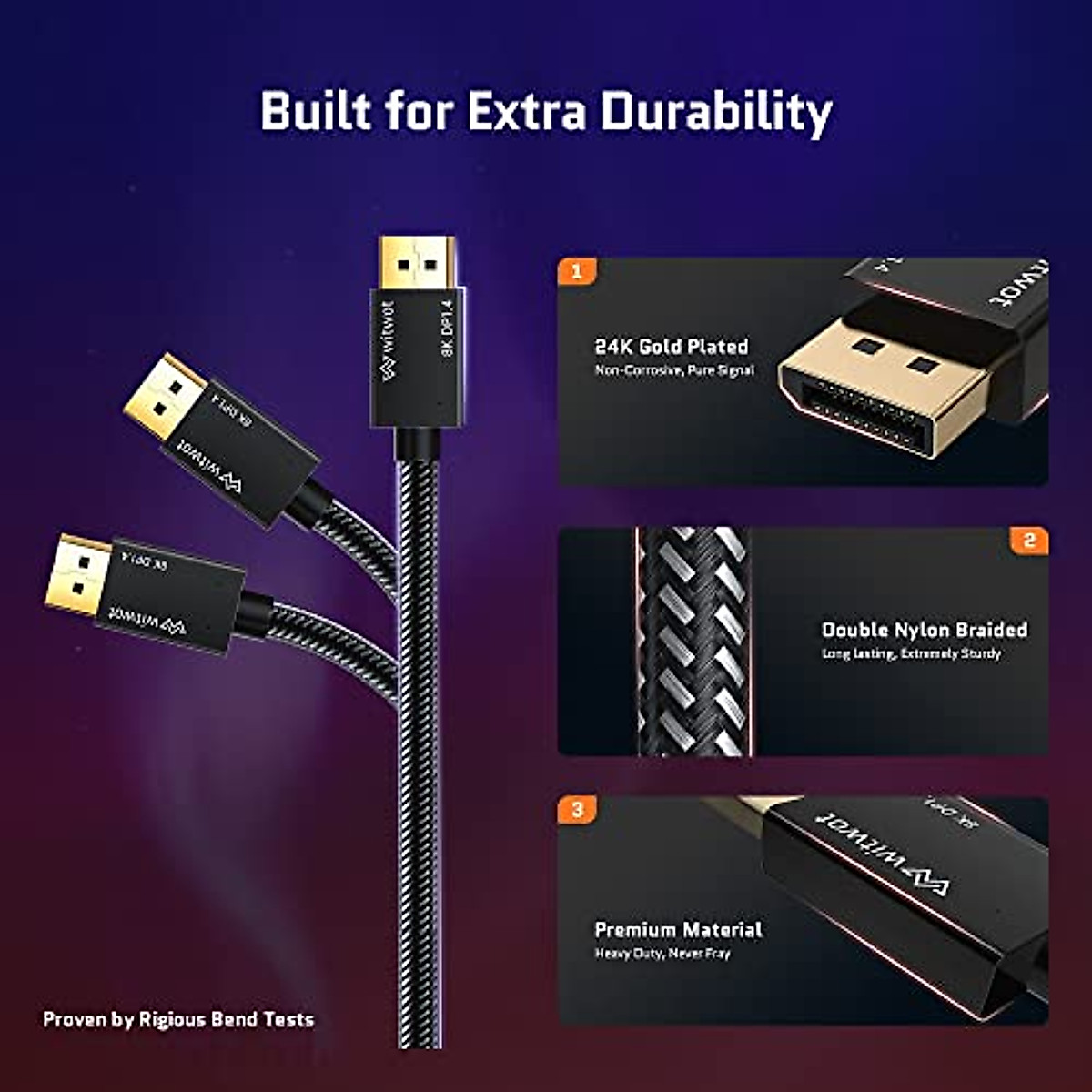 WitWot 8K DisplayPort Cable 1.4, 6ft, Bi-Directional Gold-Plated Nylon Braided Display Port DP Cable (8K@60Hz, 4K@144Hz, 2K@240Hz) 32.4Gbps, HDR, HDCP 2.2 for Gaming Monitor, Graphics, PC, Computer