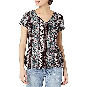 Star Vixen Women's Plus Size Short Sleeve V Neck Top with Ruched Side Detail, Sage Black Wallpaper, 3X