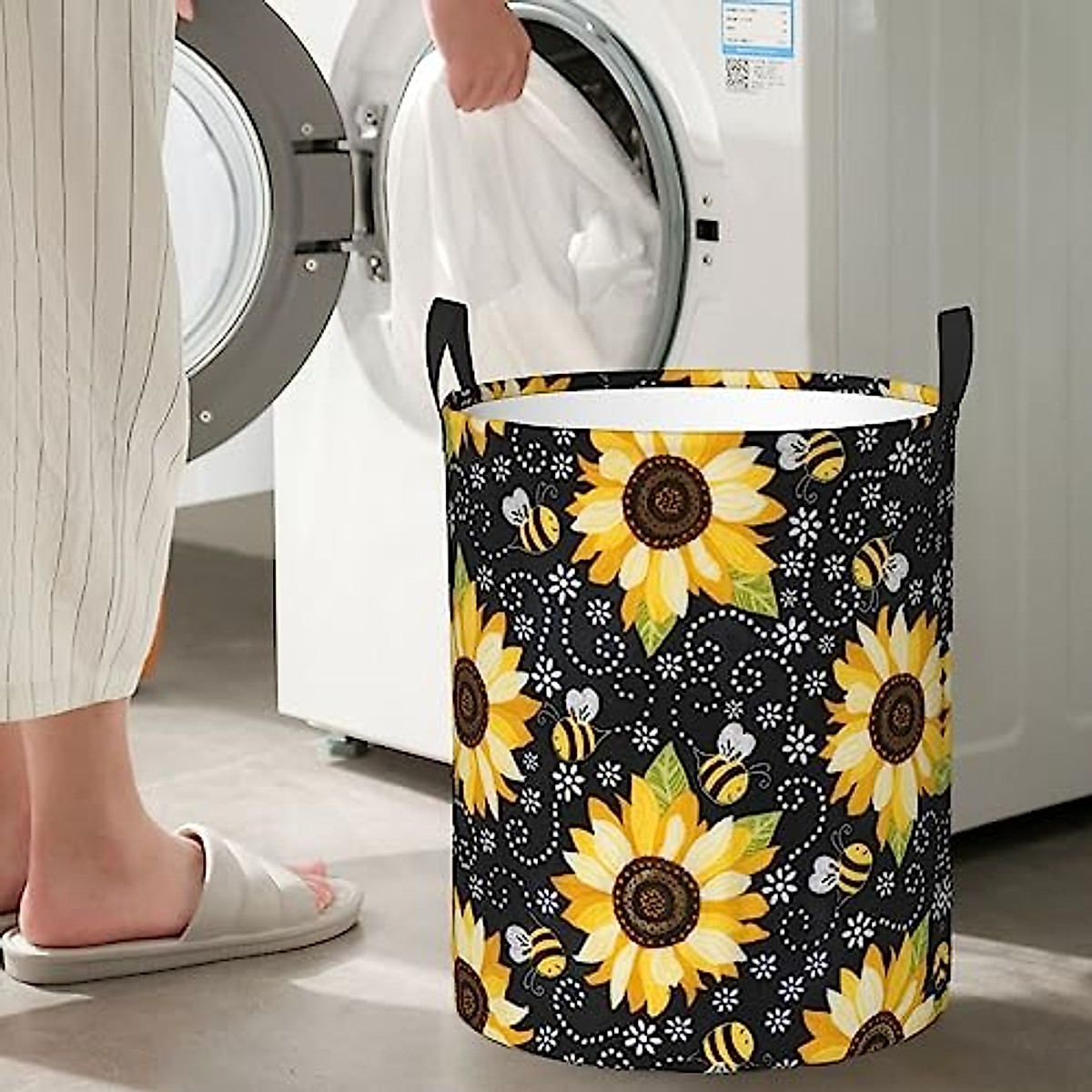 Sunflower Bees Printed Round Laundry Hamper,Collapsible Clothes Hamper Storage With Handle,Canvas Fabric Waterproof Storage Bin