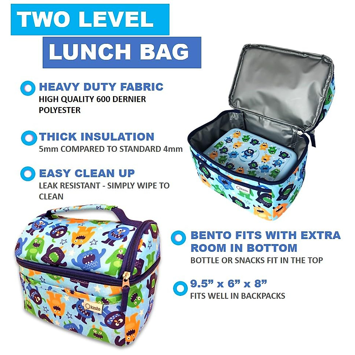 Stainless Steel Bento Box for Toddlers, Insulated Lunch Bag Water Bottle Set for Kids. Metal Snack Container for Small Children, Baby Boys, Toddler Daycare or Pre-School Lunches, Cute Blue Monster