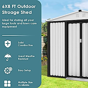 Betterland Outdoor Storage Shed 6×8 FT Garden Metal Tool House, Walk-in Steel Double Sloping Roof Shed with Sliding Door for Garden, Lawn, Backyard (White)