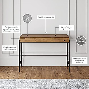 Nathan James Sophie Solid Computer Study Table for Home Office or Writing Desk with Drawers for Storage and Modern Metal Frame with Rustic Wood Top, Light Walnut/Black
