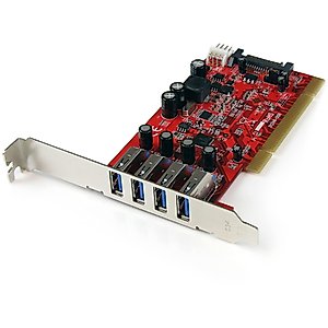 StarTech.com 4 Port PCI SuperSpeed USB 3.0 Adapter Card with SATA/SP4 Power, Quad Port PCI USB-A 3.0 (5Gbps) Controller Card, Red, Windows Only , TAA (PCIUSB3S4)