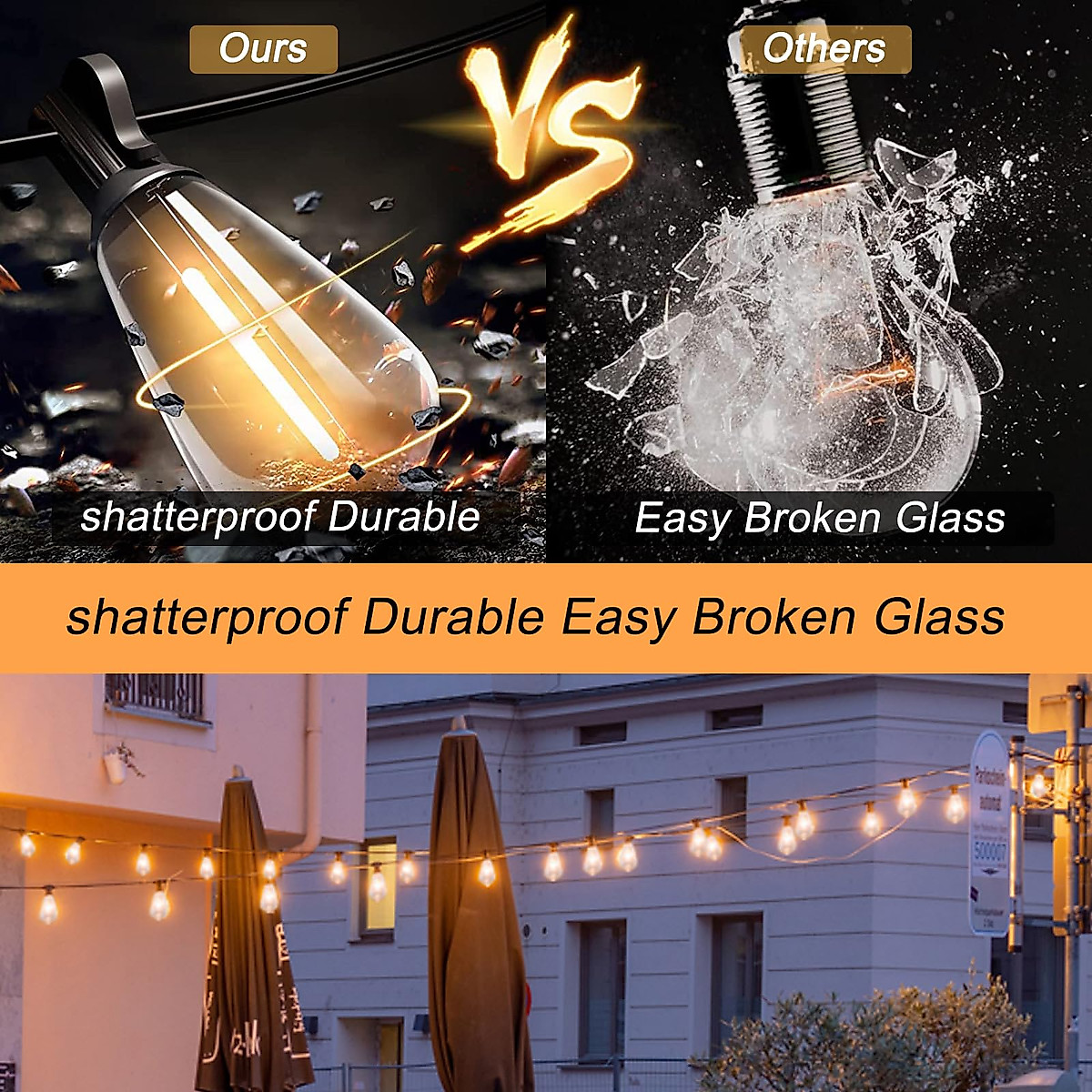 G40 Outdoor String Lights 50FT LED Backyard Lights, Globe Shatterproof String Light, Commercial Hanging Lights for Garden Terrace Decoration Wedding Cafe pergola, Brown Wire