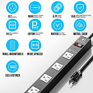 BERIGTTA 12 Outlet Surge Protector Metal Power Strip, 1800J Mountable Power Outlet, Heavy Duty Workshop Metal Power Strip for Commercial, Industrial, School and Home,15A 125V 1875W (6FT)