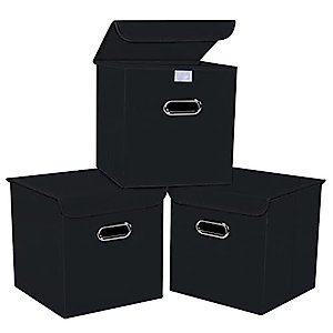 NieEnjoy Closet Organizers Fabric Storage Cube Bins with Lids collapsible storage bins basket with Handles ,Storage Boxes for Organizing,3 Pack (Black)