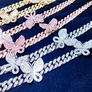 YBMYCM Butterfly Cuban Necklace Crystal Collars Cuban Link Chain Iced Bling Butterfly for Women Hip Hop Rapper Jewelry