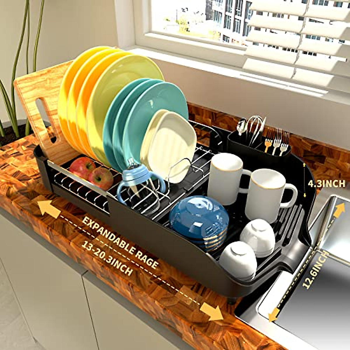 Dish Drying Rack, Expandable Dish Rack for Kitchen Counter(14'' to 20") Auto-Drain Stainless Steel Cutlery Rack and Utensil Holder, Kitchen Dish Drainer Rack - Black