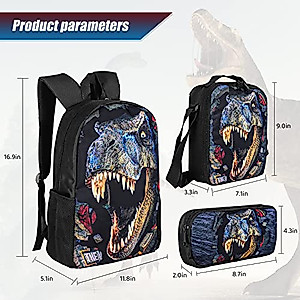 Cool 3D Printing Dinasaur School Backpack For Boys Girls School Book Bags + Pen Bag + Lunch Bag (Dinasaur School Backpack A)