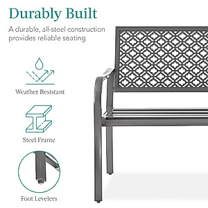 Best Choice Products Outdoor Bench 2-Person Metal Steel Benches Furniture for Garden, Patio, Porch, Entryway w/Geometric Backrest, 790lb Capacity – Gray