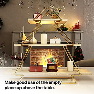 BENOLDY 3 Tier Christmas Tree Gold Stainless Steel Design Floating Shelf - Luxury Pine Wood Shelves, Modern Wall Rack for Bedroom, Living Room Decor & Multipurpose Organizer Stand