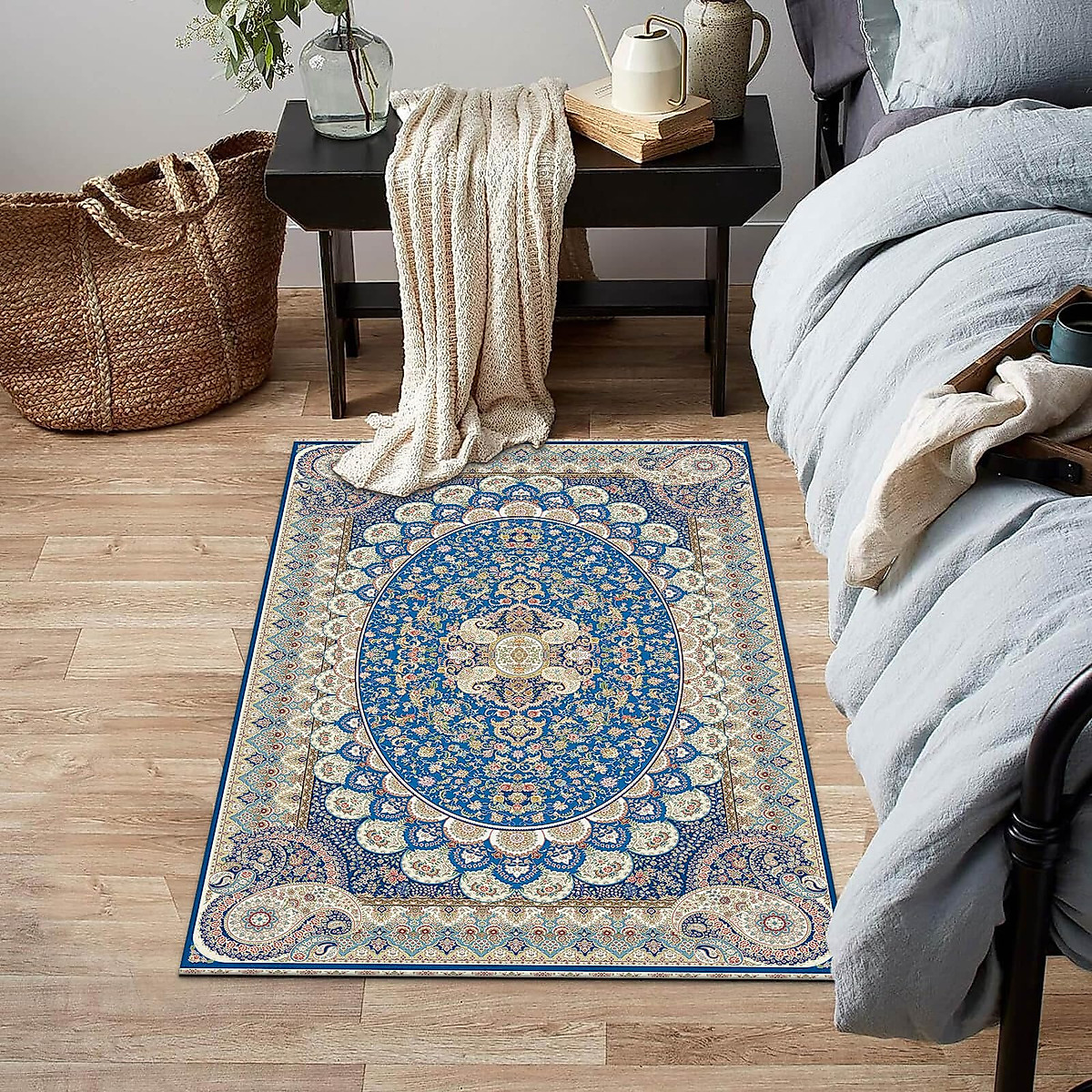 Paisley Blue Area Rug 3x5 for Entryway, Washable Low Pile Soft Non Silp Small Rug for Bedside