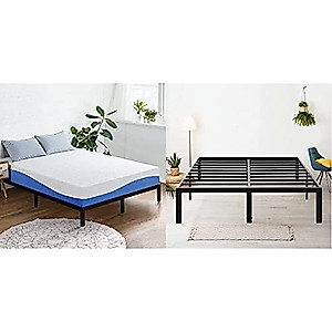 Olee Sleep 10 Inch Gel Infused Layer Top Memory Foam Mattress, Blue & 18 Inch Tall Heavy Duty Steel Slat/Anti-Slip Support/Easy Assembly/Mattress Foundation/Maximum Storage, Black