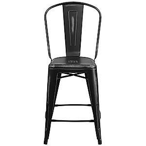Flash Furniture Carly Commercial Grade 24" High Distressed Black Metal Indoor-Outdoor Counter Height Stool with Back