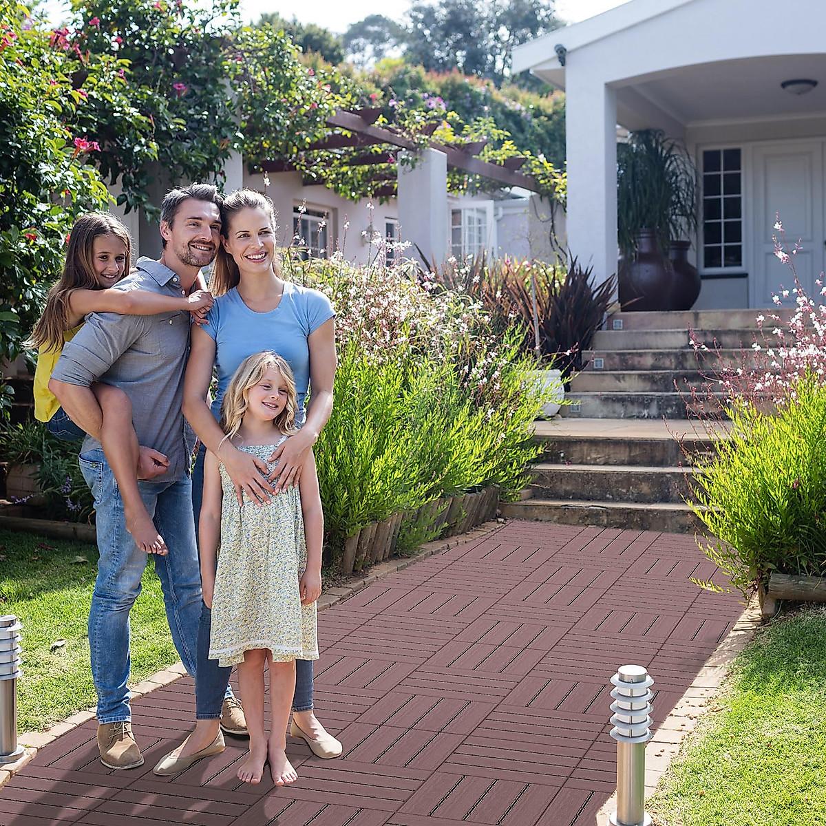 Goovilla Plastic Interlocking Deck Tiles, 9 Pack Patio Deck Tiles, 12"x12" Waterproof Outdoor Flooring All Weather Use, Patio Floor Decking Tiles for Porch Poolside Balcony Backyard, Dark Brown