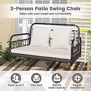 Tangkula Outdoor Wicker Porch Swing, 2-Person Hanging Seat with Seat & Back Cushions, Heavy-Duty Metal Frame & 2 Sturdy Hanging Ropes, Wicker Woven Swing Loveseat for Front Porch