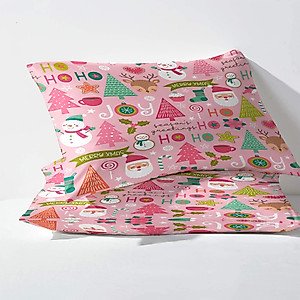 Pink Christmas Duvet Cover Twin Size Set - Kids Girls Christmas Bedding Bedroom Decor, Comforter Cover & 1 Pillowcase 2 Pieces - Cartoon Santa Theme, New Year, Lovely Home Collection Quilt Cover