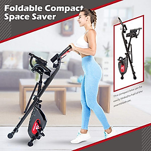 ADVENOR Exercise Bike Magnetic Fitness Bike Cycle Folding Stationary Bike Arm Resistance Band Workout Backrest Extra-Large Seat Cushion Indoor Home Use (2 in 1 Standard Edition, black)