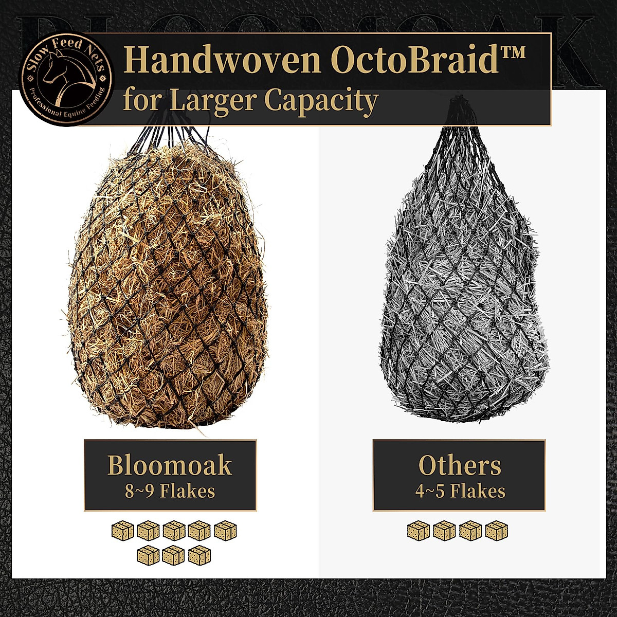 Bloomoak Slow Feed Hay Net for Horses, 40" Hay Bag with 2 inch Hole for Horse and Goat, Heavy Duty PE,Easy Fill with Rings…