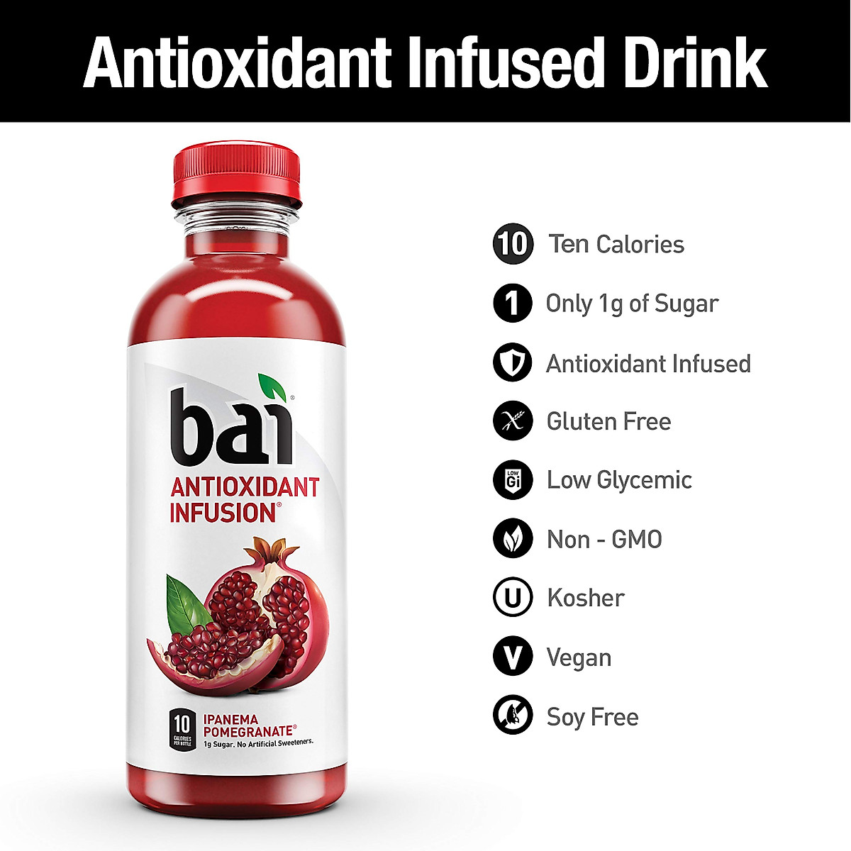 Bai Flavored Water, Ipanema Pomegranate, Antioxidant Infused Drinks, 18 Fluid Ounce Bottles, 6 Count