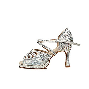 Minishion Women's Dance Heel Platform Toe Rhinestone Dancing Shoes L458 Silver US 4