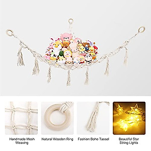 Stuffed Animal Hammock, 55inch Hand-Woven Toy Hammock Boho Tassel Macrame with Star Light String Corner Hanging Organizer Storage Plush Toys Net Holder for Nursery Play Room Kids Bedroom Decoration