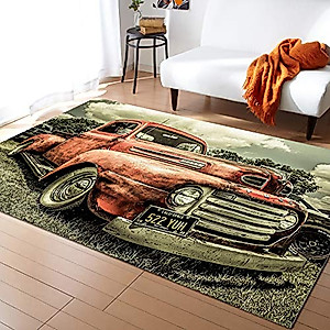Area Rug for Bedroom Living Room Decor Vintage Red Antique Classic Car Ultra Soft Non-Slip Accent Rugs Indoor Large Carpet Farm Antique Trucks Countryside Vehicles Non-Shedding Nursery Floor Mat