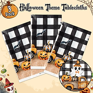 Haooryx 3 Packs Halloween Party Little Boo Tablecloth Decoration Set, Cute Ghost Bat Pumpkin Disposable Plastic Tablecloth, Cartoon Plaid Table Cover for Halloween Table Decor Party Supplies