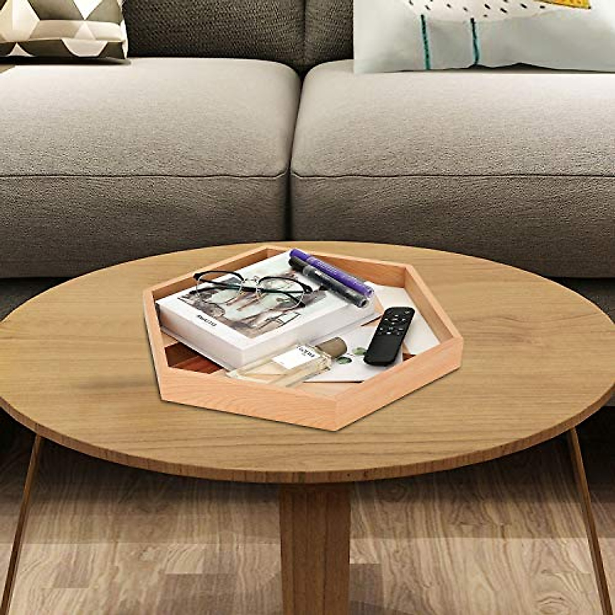 Prometis Hexagon Serving Decorative Tray Sturdy Wooden Handmade，Great for Dinner Tray/Coffee Table/Decoration Table