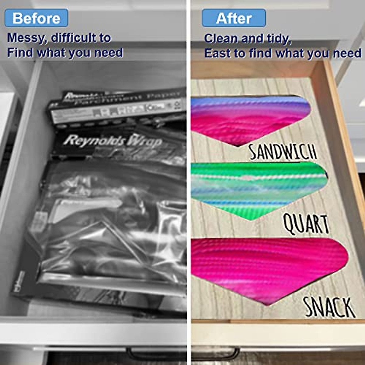 GONNADOO Wood Ziplock Organizer Box, Wood Kitchen Food Baggie Organization Dispenser for Kitchen Drawer Box, organizers and storage with Gallon, Quart, Sandwich and Snack Variety Size Bags (Natural)