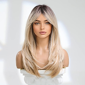 Long Blonde Wig with Bangs Layered Synthetic Hair Wig with Dark Roots for Women (22 Inch)