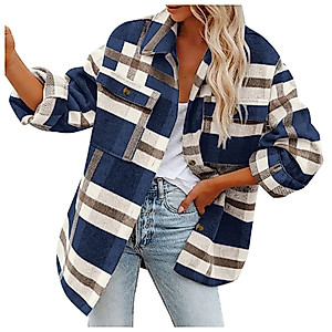 TTBDWiian Womens Plaid Jacket With Pockets Long Sleeve Button Down Shirts Flannel Shacket Jacket Fall Winter Casual Coat 2023