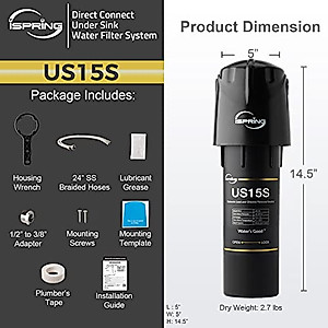 iSpring US15SD Direct-Connect Under Sink Water Filter System, High Capacity Filtration, Fit Kitchen and Bathroom Faucets, Reduces Lead and Chlorine, 10" x 2.5", Black