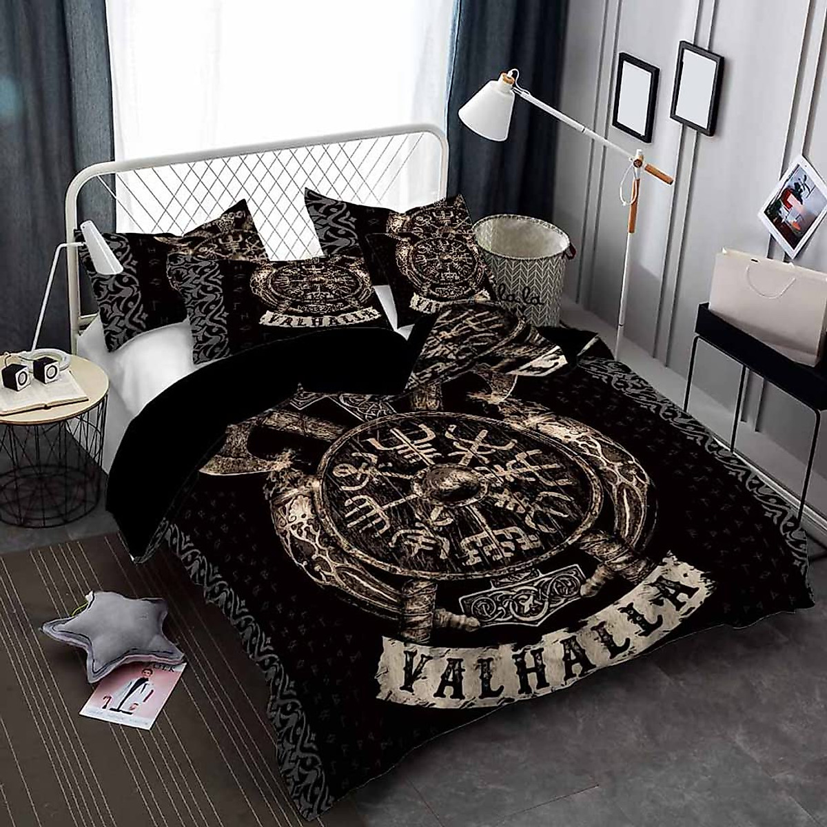 YCYR 3D Print Thor's Hammer Bedding Set, Norse Viking Mjolnir Shield Axes and Valhalla Rune Quilt Covers & Pillowcase Queen Comforter,Black,228 X 228 cm