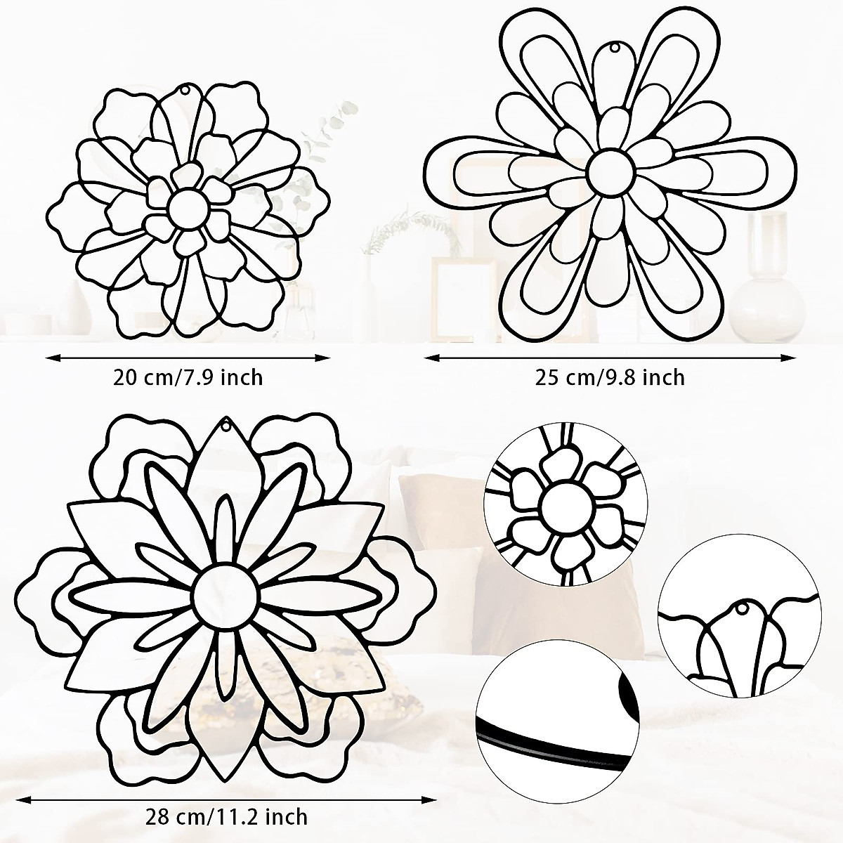 3 Pieces Metal Flower Wall Decor Rustic Galvanized Metal Flower Hanging Metal Flower Wall Art Wire Outline Wall Flowers Decor for Home Bedroom Bathroom Kitchen Garden Wall Art (3 Styles)