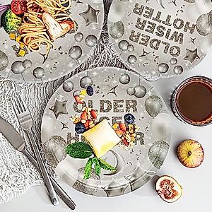 50 Pcs Older Wiser Hotter Party Supplies,Older Wiser Hotter Paper Plates 7" Silver Party Dessert Plates for 30th 40th 50th 60th 70th 80th Birthday Party Fun Party Disco Birthday Party Decorations