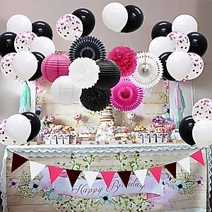 Meiduo Hot Pink White Black Party Decorations Paper Fans Lanterns Flower Pom Poms Felt Pennant Balloons for Lingerie Bridal Shower Minnie Mouse Themed Birthday Bachelorette Hen Party Valentine's Day