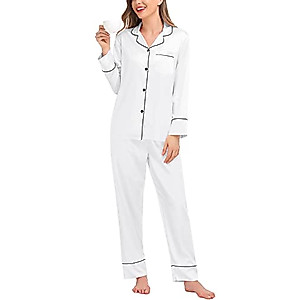 SWOMOG Womens Satin Pajamas Long Sleeve Sleepwear Silk Soft Button Down Loungewear Pjs Set S-XXL White Small