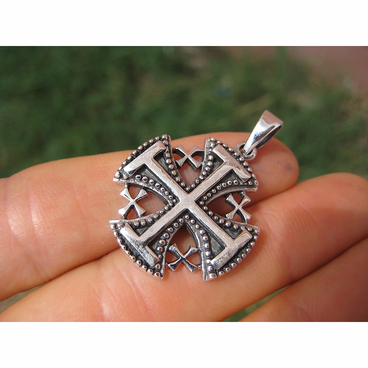 Himalayan Treasures 925 Sterling Silver Jerusalem Cross Fivefold Cross Crusaders Cross Emblem Medal Pendant Necklace A12