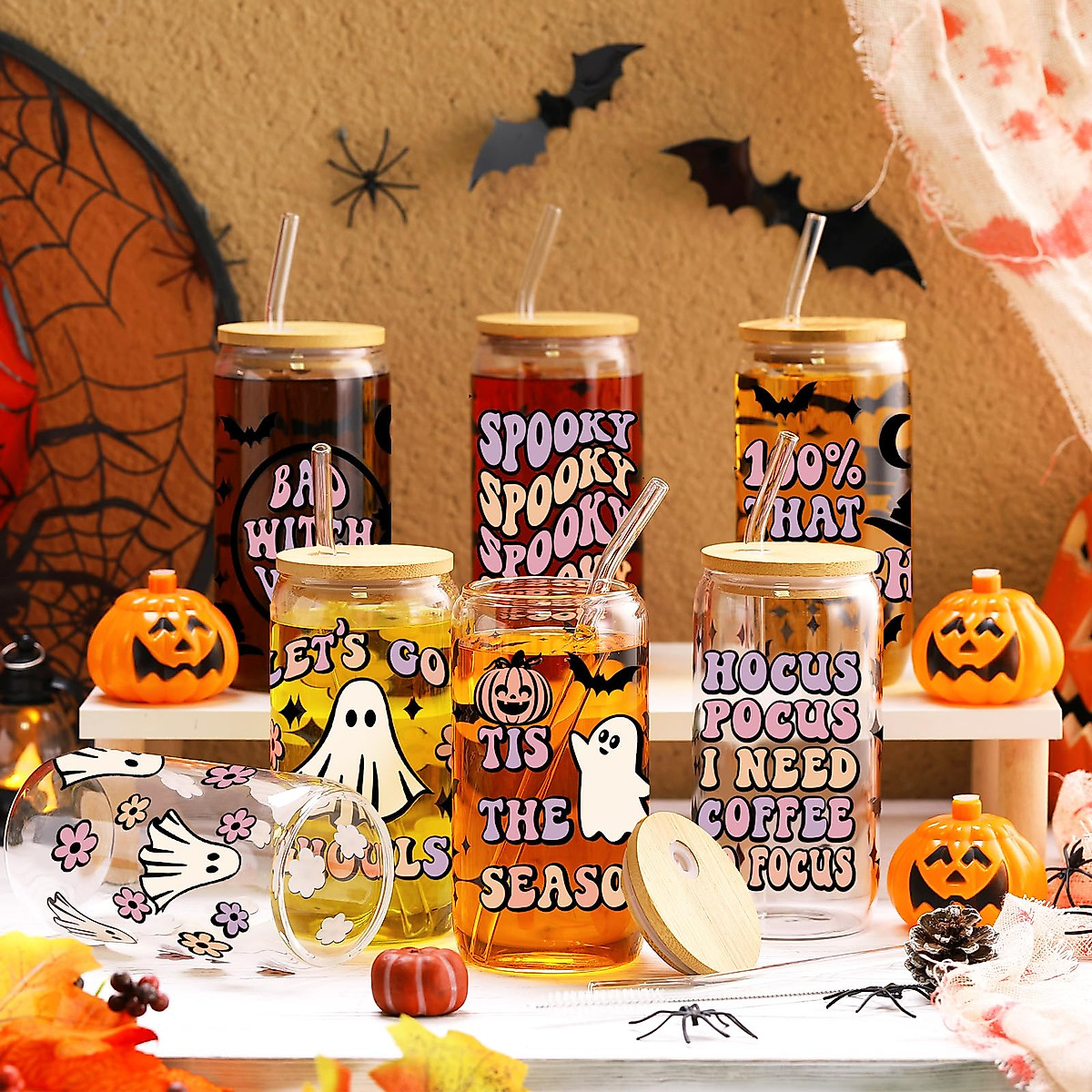 RimCereal 8 Pcs Halloween Drinking Party Glasses 16 oz Ghost Flower Glass Cup with Lid and Straw Spooky Can Shaped Beer Glass Skull Bat Mason Jar Glass Cups for Halloween Party Gift (Cute)