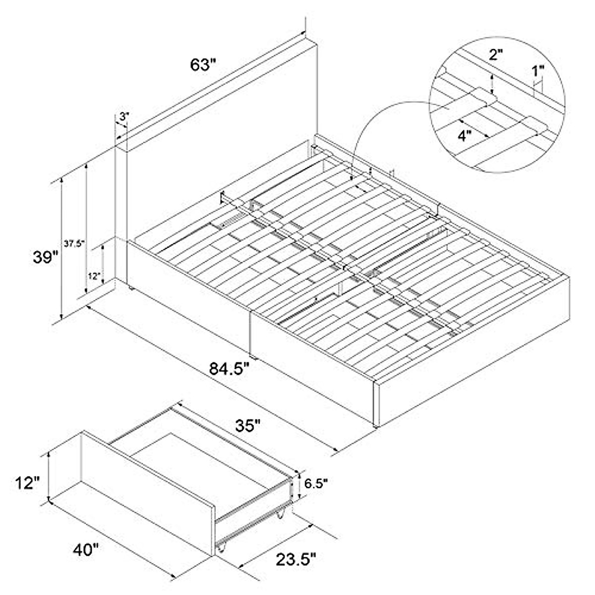 Novogratz Kelly Upholstered Bed with Underbed Storage Drawers and Clean Lined Headboard, Queen, Dark Gray Linen