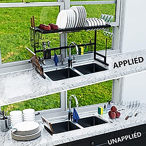 HEITICUP 2 Tier Dish Drying Rack, Adjustable & Space-Saving Over The Sink Dish Drying Rack(from 25.6" to 33.5") Multifunctional Black Stainless Steel Dish Drying Rack